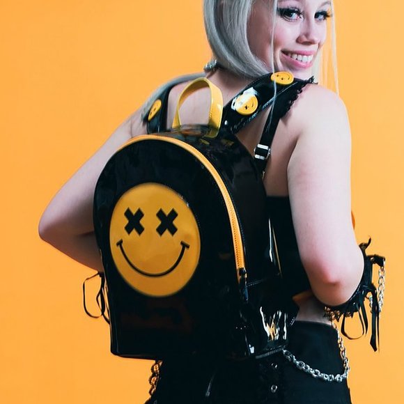YRU | Bags | Yru Baqpaq Smiley Medium Backpack In Black Yellow | Poshmark